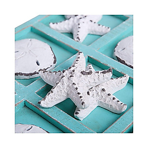 NIKKY HOME Beach Tic Tac Toe for Fun Starfish Sand Dollar Coastal House Coffee Table Decor Wood Board Travel Game, 8.98 x 8.98 x 1.18 inch, Teal
