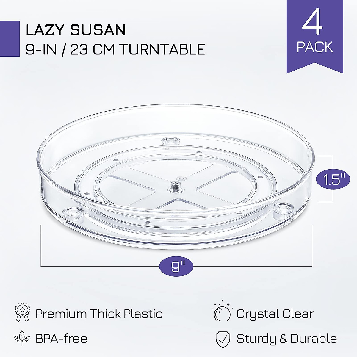 Set of 4, 9 Inch Clear Non-Skid Lazy Susan Organizers + Set of 8, Stackable Clear Bins with Removable Dividers - Pantry Food Snack Organization and Storage - Multi-Purpose Plastic Home Organizer