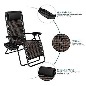 VINGLI Patio Wicker Chair 1 Piece Zero Gravity Chair with Cup Holder and Pillow, Outdoor Folding Rattan Recliner for Garden Patio Porch Balcony Beach Swimming Pool, Outdoor and Indoor Use