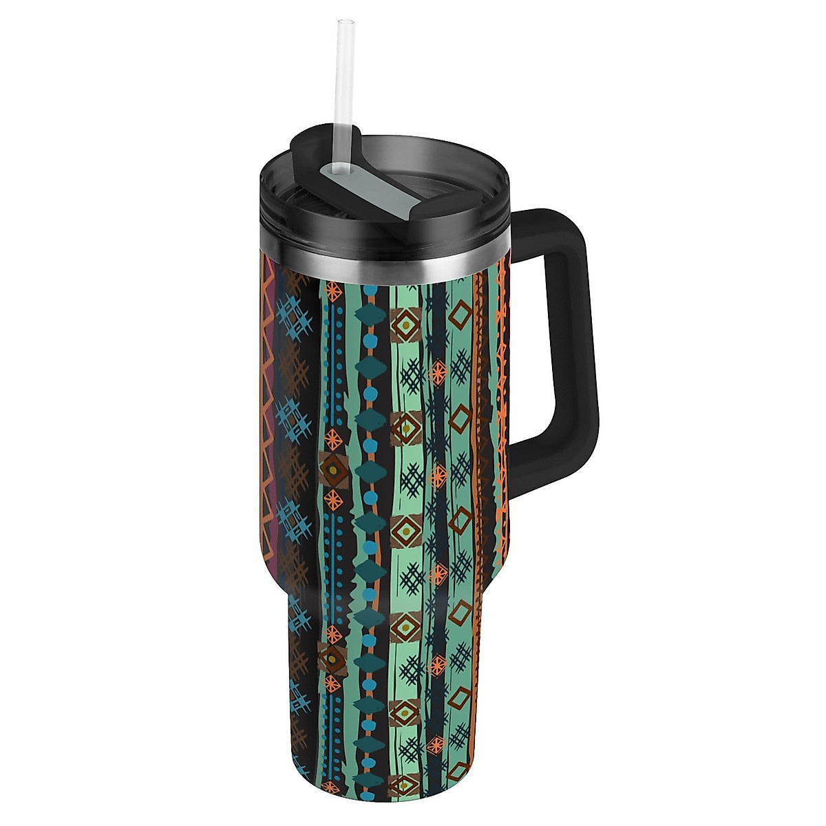 Yasala Car Tumbler with Handle Ethnic Boho Tribal Classic Travel Mug Coffee Cup Insulated Beverage Container Mega Cup for Hot Cold Drinking Thermos Water Bottle Cupholder Friendly 40 oz