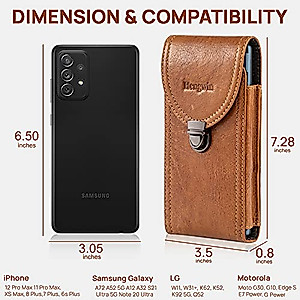 Hengwin Genuine Leather Vertical Cell Phone Holster Samsung Galaxy A72 A52 A12 A32 S21+ S22 Ultra Note 20 Ultra Moto One 5G LG Stylo 6 OnePlus Nord N10 Belt Case Pouch with Belt Clip Loop Holder Brown