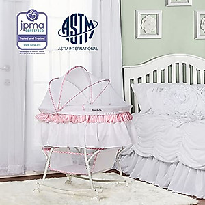 Dream On Me Lacy Portable 2-in-1 Bassinet & Cradle in Pink and White, Lightweight Baby Bassinet with Storage Basket, Adjustable and Removable Canopy