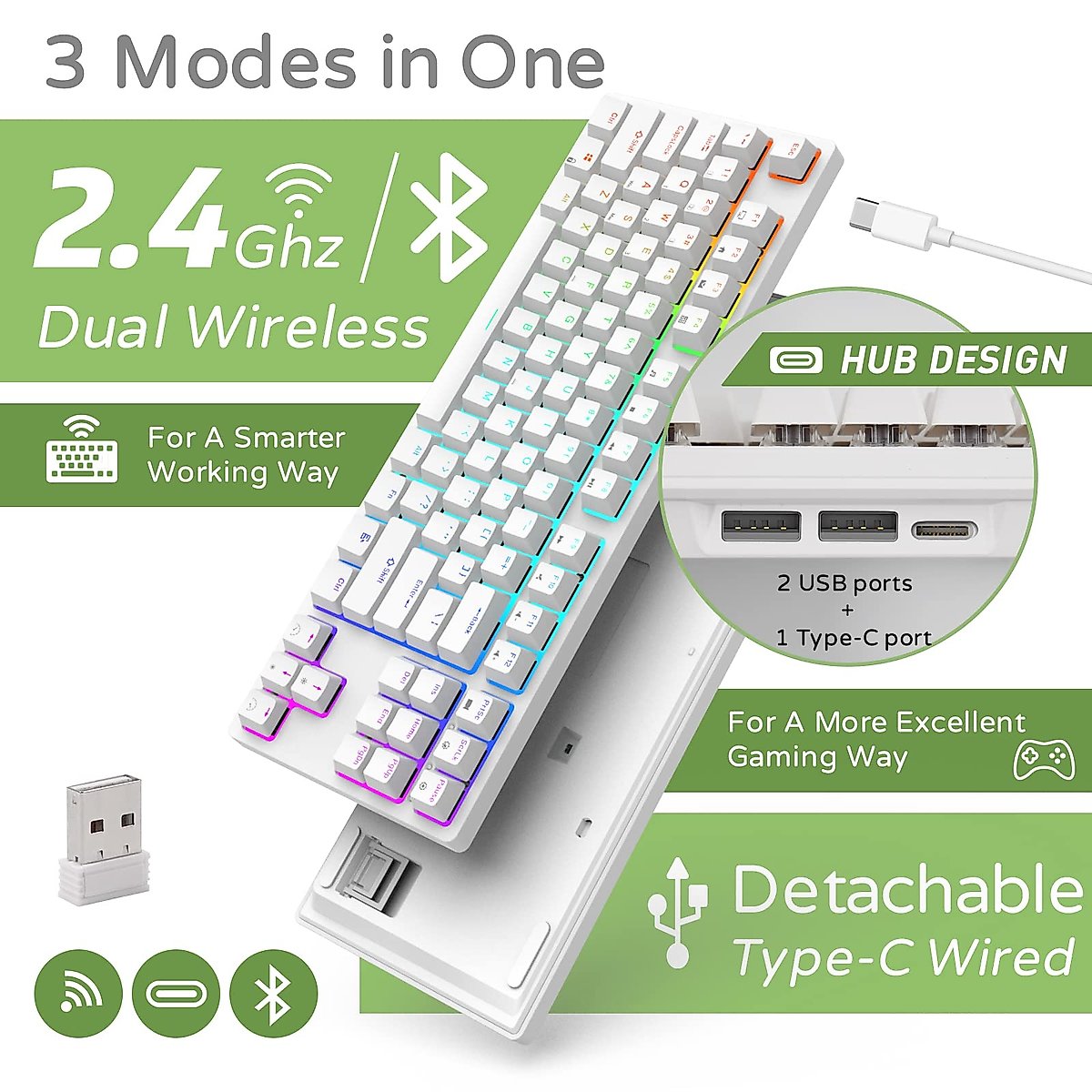 RK ROYAL KLUDGE RK87 Wireless Mechanical Keyboard, 75% TKL Hot Swappable RGB Bluetooth Gaming Keyboard Triple Mode BT5.1/2.4G/USB-C with 2 Detachable Frames, USB Hub, Silent Brown Switch, White
