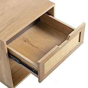 Wekity Nightstand Storage End Table with Rattan Door, Open Storage & Solid Metal Legs, Small Bedside Tables Mid Century Modern Side Tables Nightstand for Living Room Bedroom Small Spaces (Natural)