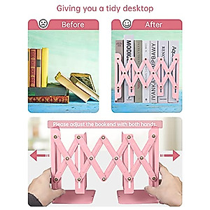 Adjustable Bookends, Metal Book Ends for Shelves Heavy Book, Desk Magazine File Organizer for Home, Office, Books, Papers, Extends up to 19 inches (Pink)