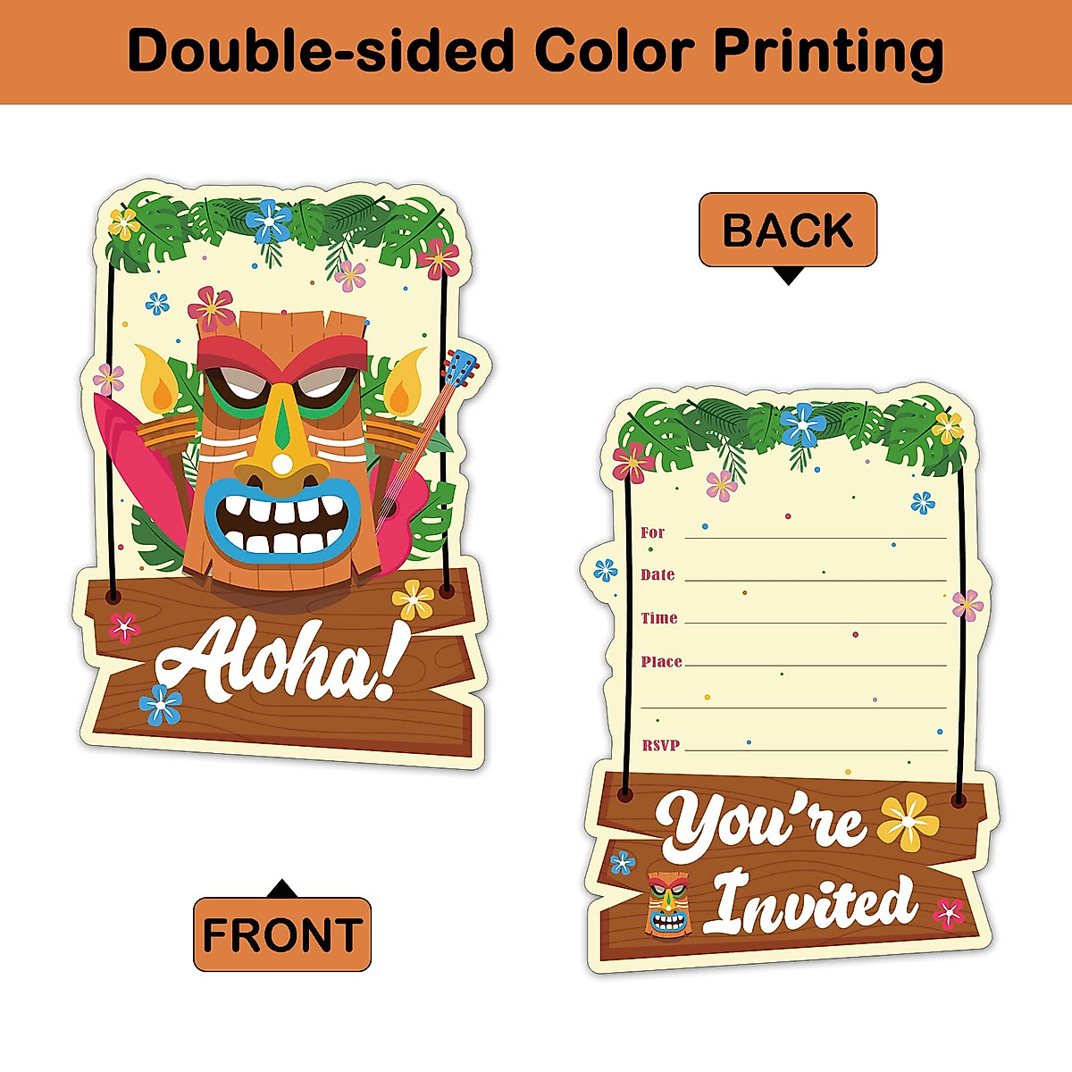 REWIDPARTY Aloha Luau Party Invitations with Envelopes & Stickers（Set of 15） Tiki Luau Shaped Fill-in Invitations Hawaiian Summer Party Invites Cards Tropical Hawaiian Beach Birthday Party Supplies