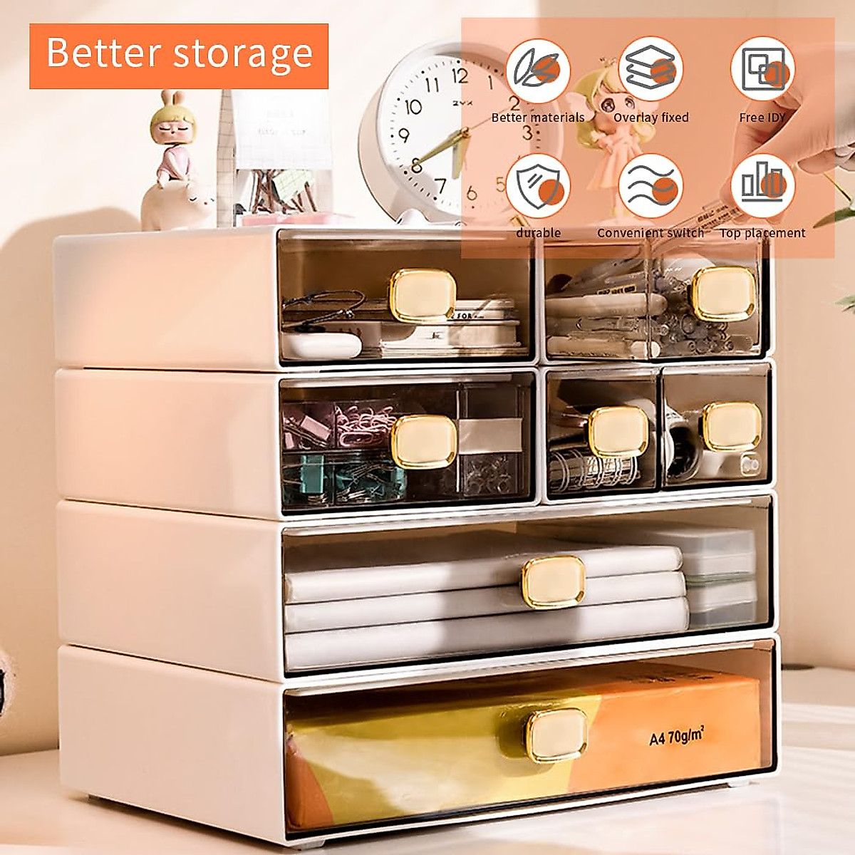 3 Pack Stackable Desk Storage Drawers, Desktop Organizer with Drawers, 4 Drawers Plastic Desk Storage Organizer for Home, Office, School, Makeup, Crafts, Bathroom, Make Up, Cosmetic - White