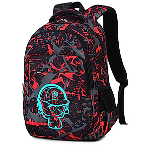 LEDAOU School Backpack Teen Boys Kids Bookbag Daypack School Bag (Graffiti Red)