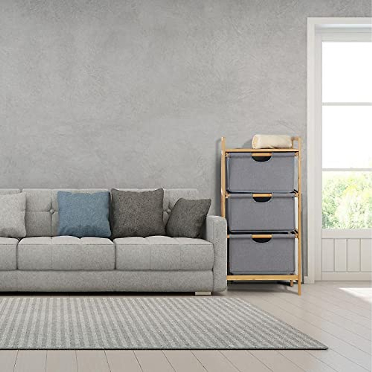 3-Tier Organizer Storage Shelf with Bamboo Frame and Pull Out Fabric Baskets Storage Drawers Unit,Laundry Towel Hamper Cabinet Tower Three Part Compartment Sorter Basket (3-Tier,Style 1)