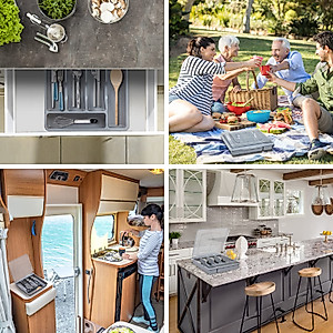 QINOL Silverware Holder with Lid, Double Layer Utensil Tray with Cover Large Flatware Organizer Plastic Cutlery Container for Kitchen Drawer Countertop 10 Compartments, Grey