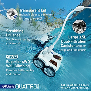 Polaris Quattro P40 Pressure Side Pool Cleaner for All In-Ground Pool Surfaces, Large-Capacity Dual Filtration Canister, 31' Hose & Transparent Lid to View Debris