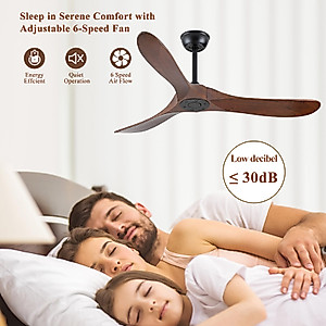 DefinElegant Walnut Wood 52" Ceiling Fan, 6-Speed, Reversible 3 Blades, Timed Shutdown, Silent DC Motor, for Bedroom, Porch