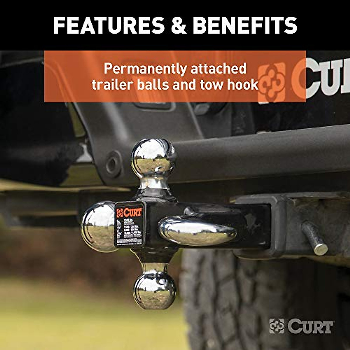 CURT 45675 Multi-Ball Trailer Hitch Ball Mount, 1-7/8, 2, 2-5/16-Inch Balls and Tow Hook, Fits 2-Inch Receiver, 10,000 lbs