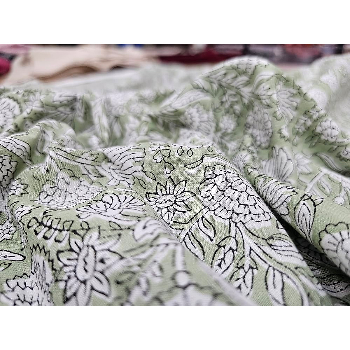 Green Hand Block Printed Indian Natural Cotton Jaipuri Print Sanganeri Kurti Print Fabric by The Yard (3 Yard)
