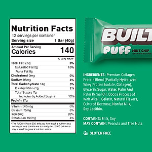 Built Bar, Puff Protein Bars, Mint Chip Puff, 17g Protein Snacks, On-The-Go Bars, Only 140 Calories, 6g Sugar, Collagen, Gluten Free, 12 Count
