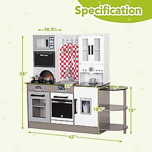 BRINJOY Kids Kitchen Playset, Wooden Toddler Kitchen Set w/Curtains, Coffee Maker, Storage Shelf, Stove,Sink, Utensils, Light & Sound, Kids Pretend Play Kitchen Toy Gift for Girls Boys (3-Stage)