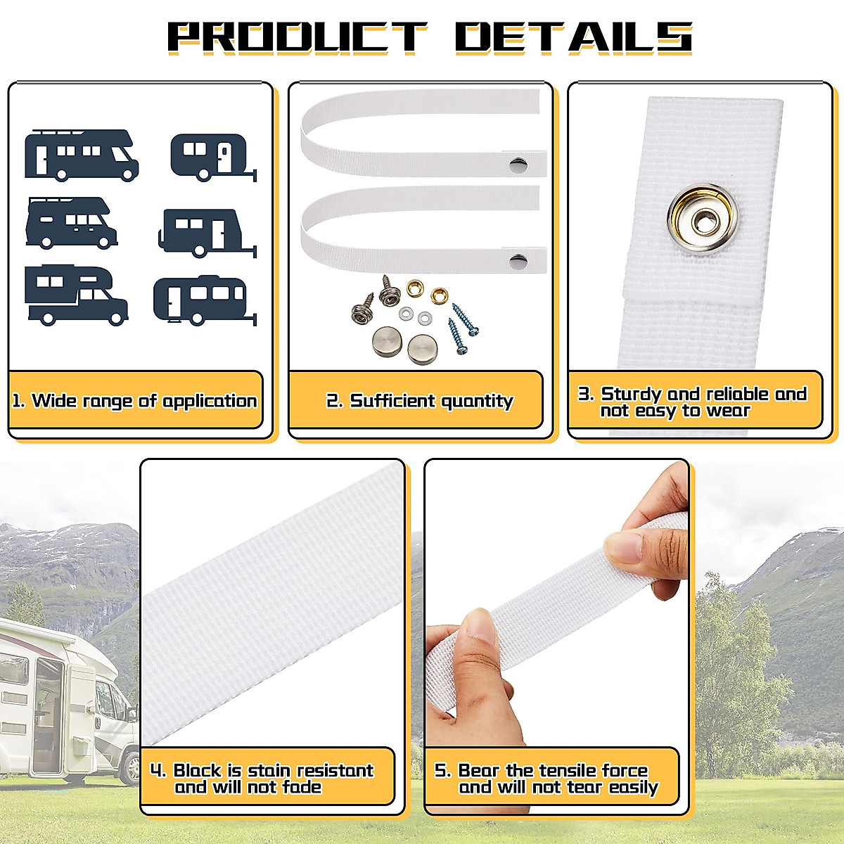 Windyun 2 Pcs RV Door Straps with 4 Pcs Button Snap 18 Inch Camper RV Sliding Door Strap with Snap Boat Ladder Strap Long Security Straps for RV Pocket Door Boat Ladder Secure, White