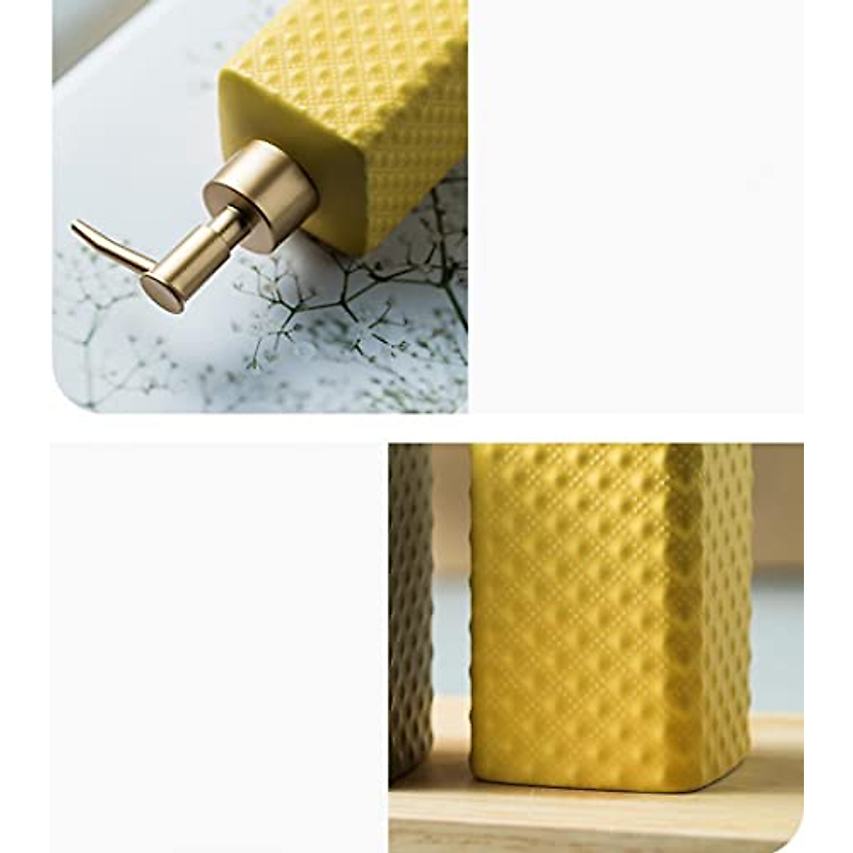 jessie 3 or 4-Piece Ceramic Bath Accessory Set Includes Liquid Soap Lotion Dispenser, Toothbrush Holder, Tumbler, Soap Dish Embossed Matte Bathroom Gift Set (Embossed Matte Yellow Three-Piece Suit)