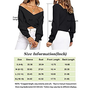 ZCSIA Women's Wrap V Neck Cropped Sweaters 2023 Fall Long Sleeve Cross Front Off Shoulder Solid Knitted Pullover Tops,Black,XLarge