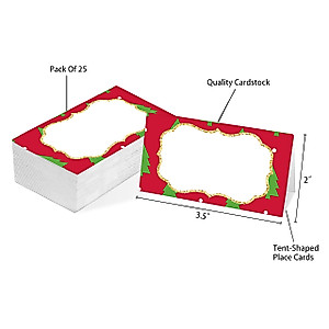 Table Place Card, Christmas Themed Tent Style Cards, Pack of 25 Half-Fold Reception Place Card, Perfect for Christmas Party, Wedding, Bridal & Baby Shower, Birthday, Banquet and Special Events B04