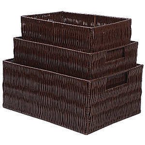 Elevon Handmade Storage Basket Set of 3, Plastic Wicker Baskets for Organizing with Handles, Storage Bins for Home Kitchen Countertop, Shelf Organizer, Waterproof, Coffee