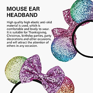 Makone Mouse Ears Headbands, Rainbow Sparkle Mouse Ears, Sequin Minnie Ears, Purple Bows Hairs Accessories, Party Princess Cosplay for Baby Girls & Women