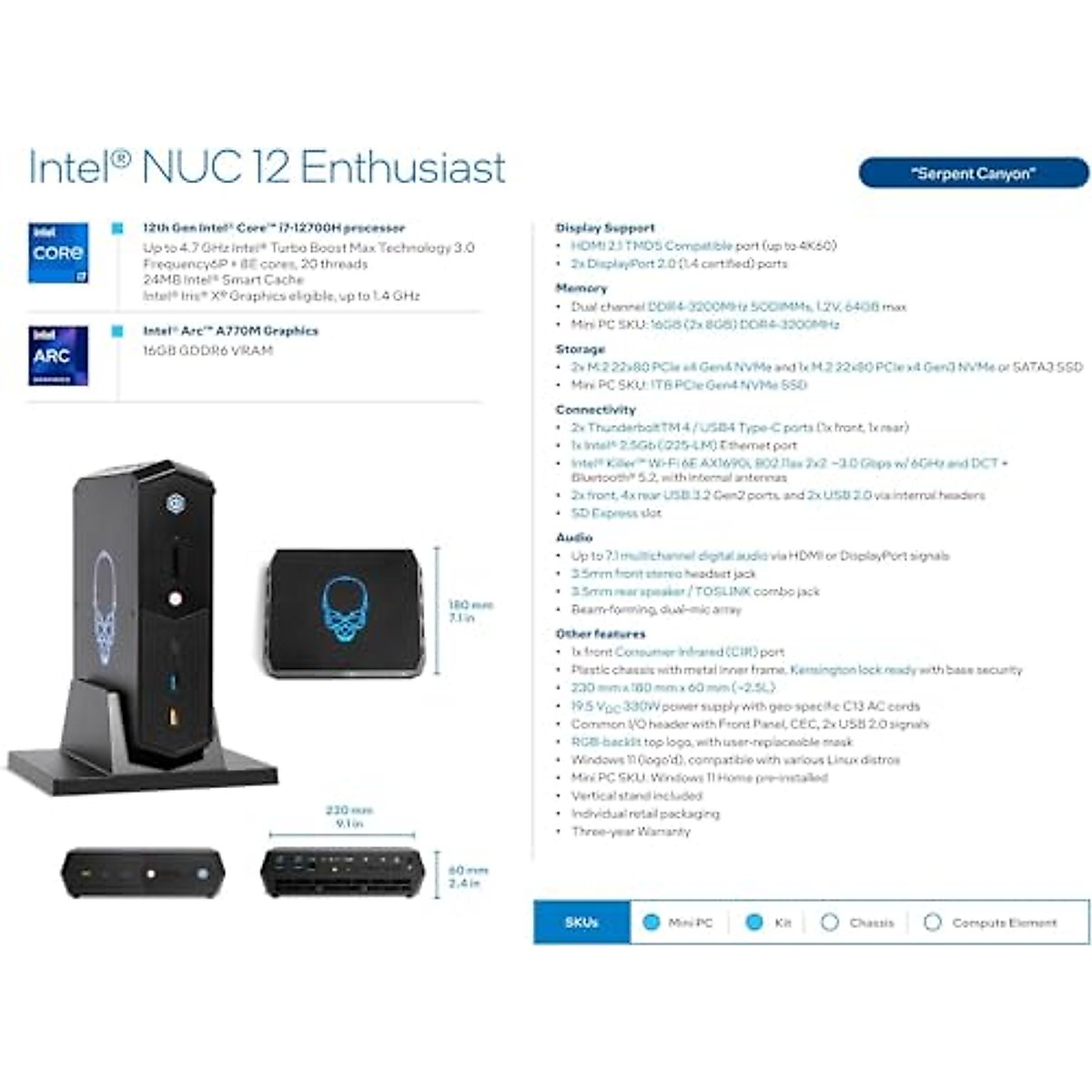 Intel NUC 12 Enthusiast NUC12SNKi7 Mini PC Core i7-12700H | 14 Cores/20 Threads | ARC A770 Graphics, Connectivity 6 USB-A, 2 USB-C, 1 HDMI, 2 Display Ports(Barebone)