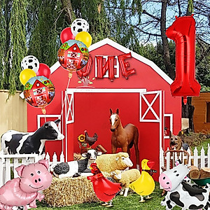 Farm Animal Balloons Cow Pig Balloon Farm Animal Theme 1st Birthday Party Decor Supplies Walking Animal Balloons Duck Rooster Large Number 1 Balloon ONE Letter Banner Balloon 14 Pcs