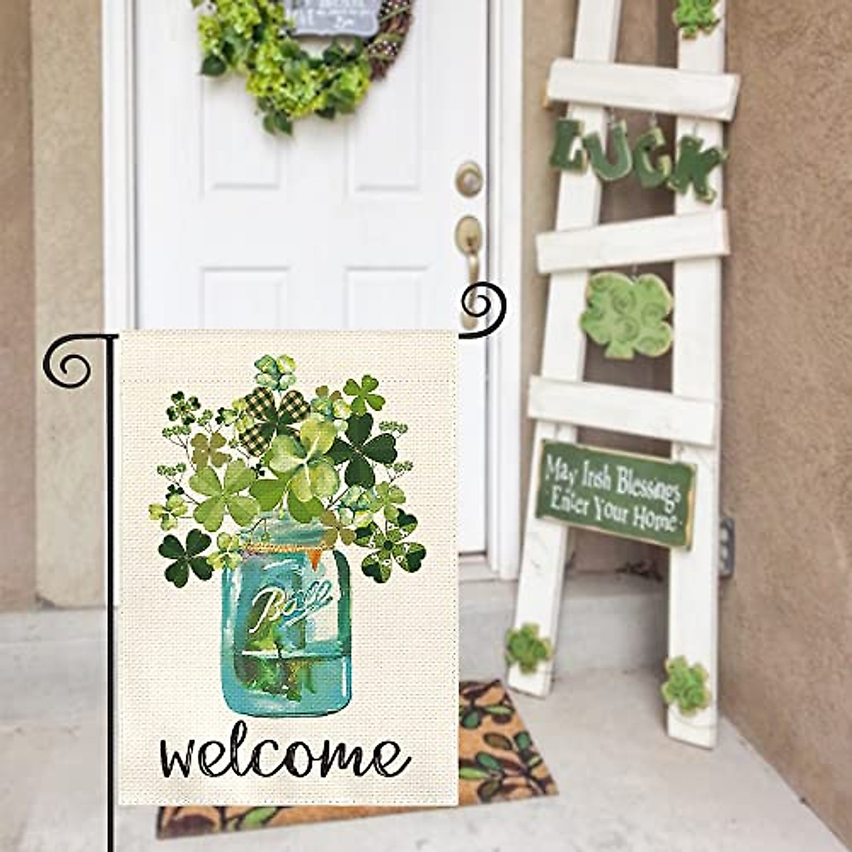 AVOIN colorlife Welcome Watercolor Lucky Clover St Patricks Day Garden Flag Double Sided, Shamrock Jar Yard Outdoor Flag 12x18 Inch