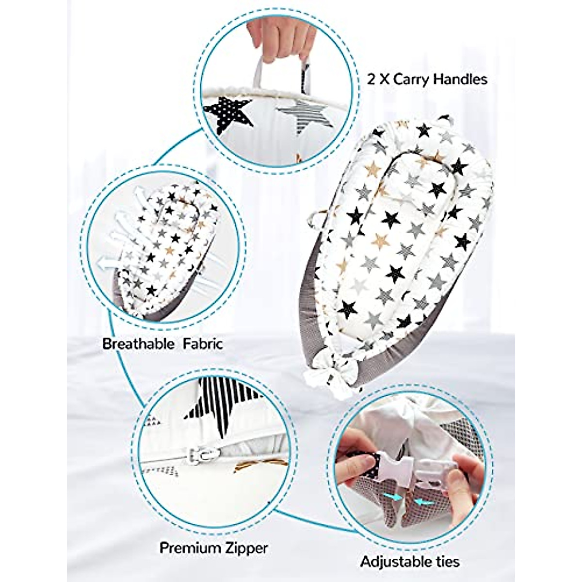 Mestron Baby Nest for 0-12 Months,Baby Lounger Baby Snuggle Infant Bassinet Mattress Insert Soft & Breathable Cotton Portable Infant Floor Seat Co-Sleeping (Star)