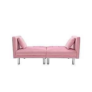 Majnesvon Modern Velvet Fabric Sofa Bed Futon with 2 Pillows,Couch with 3 Adjustable Angles,Convertible Small Loveseat Folding Sleeper Sofa Bed for Compact Living Spaces,Bedroom (Pink), Twin
