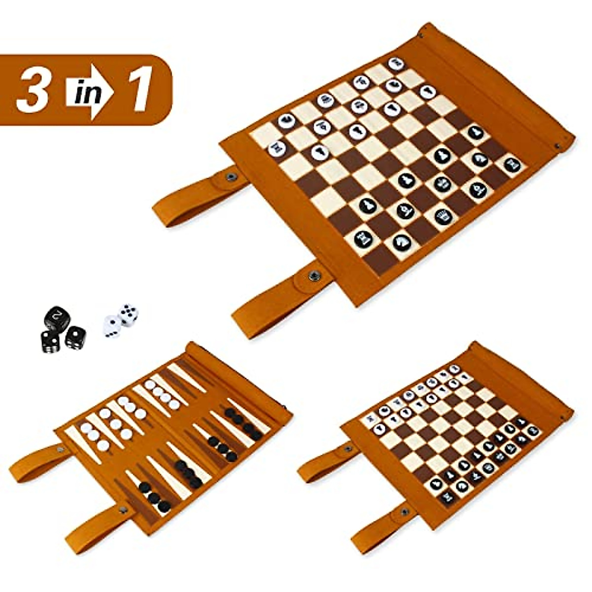 Andux Rollable 3 in 1 Chess Backgammon Board Game Microfiber Portable Chess Set PGSLQ-01(Brown)