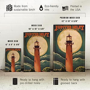 Lantern Press 6x9 Inch Wood Sign, Ready to Hang Wall Decor, Jupiter, Florida, Jupiter Lighthouse and Moon