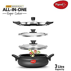 Pigeon 3.2 Quart All-In-One Super Cooker - Steamer, Cooking Pot, Pressure Cooker, Dutch Oven - For All Cooktops - Quick Cooking of Meat, Soup, Rice, Beans, Idli & more, Hard Anodized, (3 Liters)