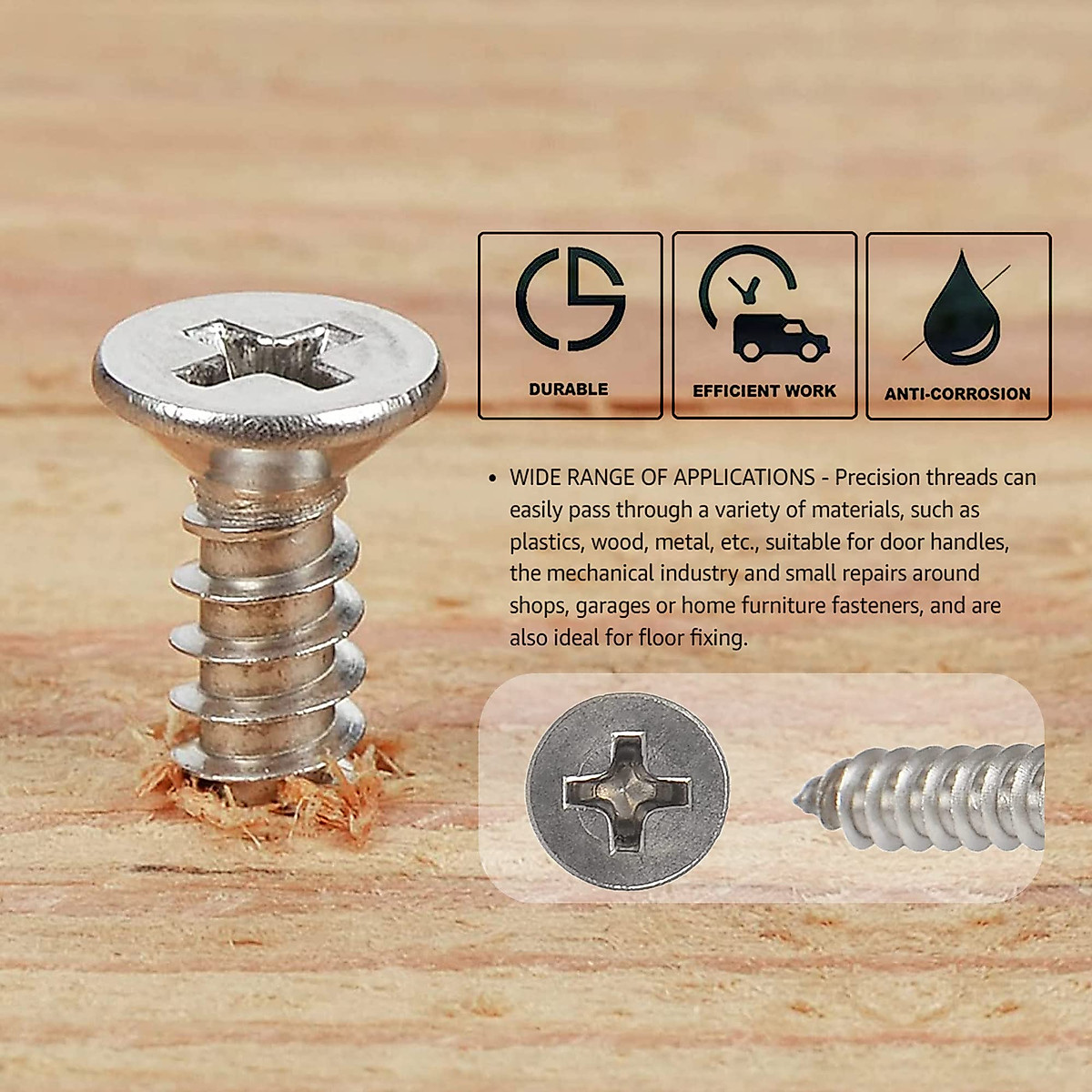 Hession Wood Screws Stainless Steel 304 Flat Head Phillips Drive Self Tapping Screw for Sheet Metal Thread Sharp Point 20pcs Pack (#8 x 5/8 inch)