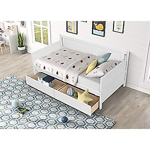 AWQM Twin Bed Frame with Storage & 2 Drawers,Wood Twin Platform Bed Frame with Headboard and Footboard,Twin Daybed for Kids Toddler Girls Boys, No Box Spring Needed,White