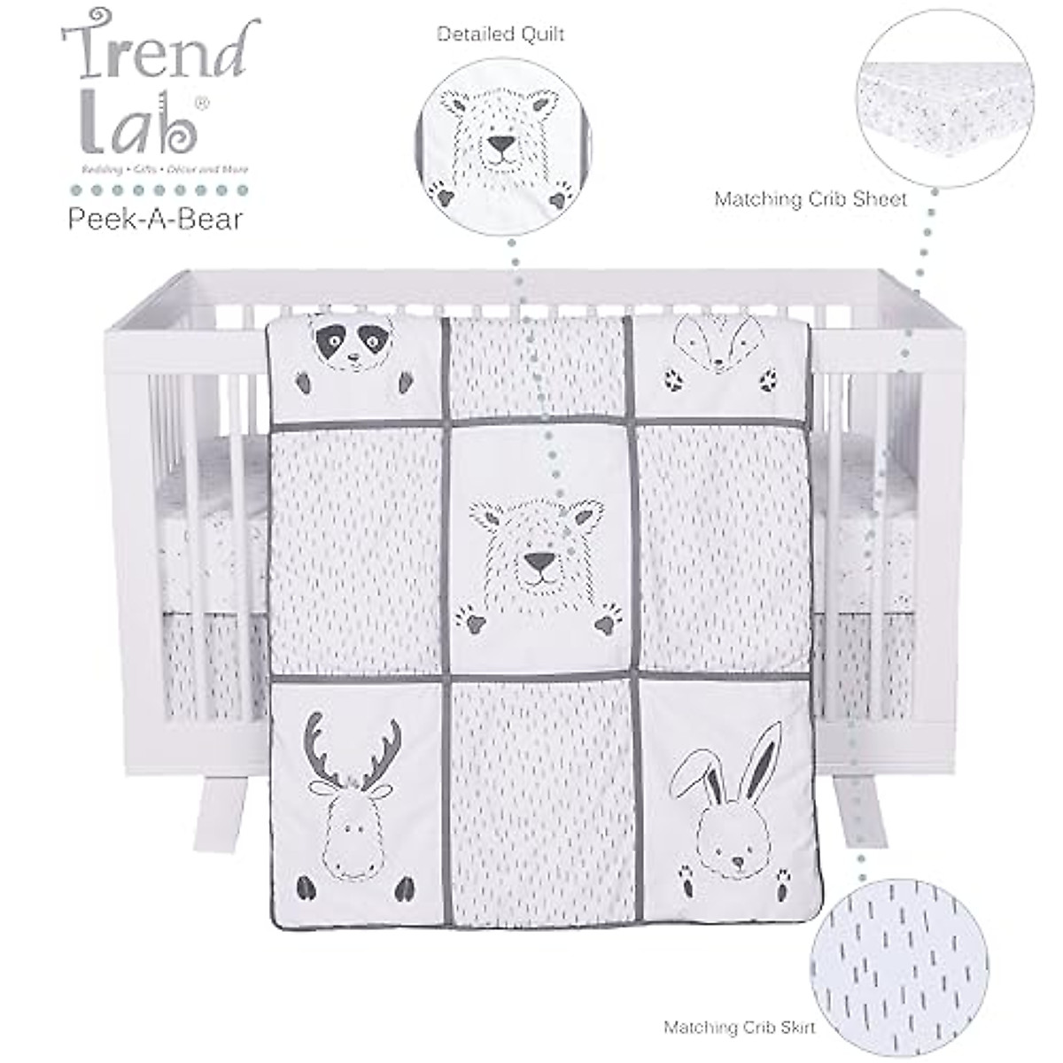 Trend Lab Peek-a-Boo Forest 3 Piece Crib Bedding Set, Gender-Neutral Color Palette, Includes Quilt, Fitted Crib Sheet and Skirt
