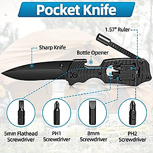 Pocket Knife, Christmas Stocking Stuffers 7 In 1 Multitool Stainless Steel Folding Knife with Screwdrivers Safety Lock Camping Accessories Survival Gear Gifts for Him Men Dad Husband Boyfriend (Black)