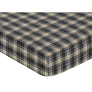 Sweet Jojo Designs Blue and Tan Woodland Plaid Flannel Baby or Toddler Fitted Crib Sheet for Rustic Patch Collection