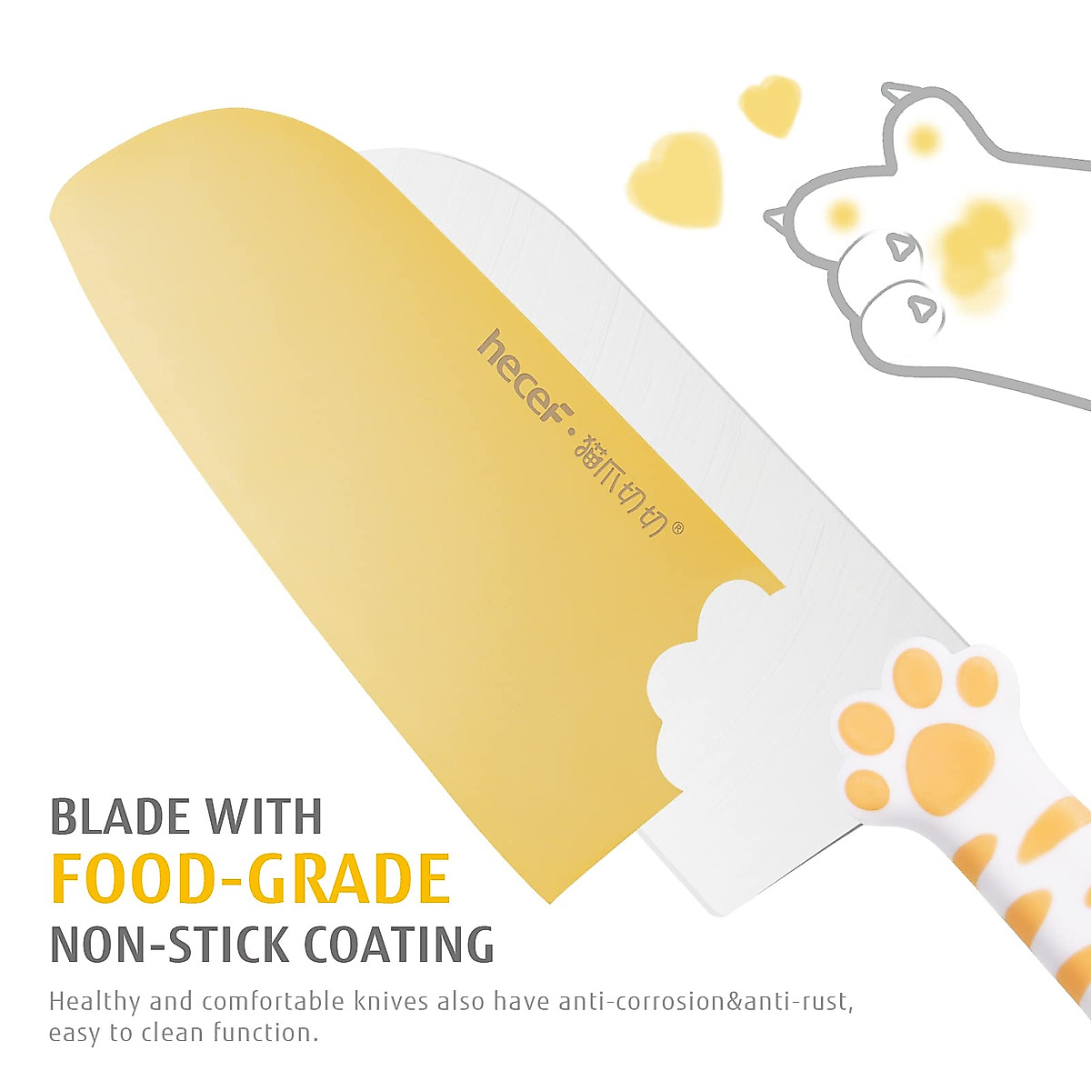 hecef Cute Kitchen Knife Set,5-piece Non-Stcik Knives Set with Detachable Block and Scissors,Sharp Kitchen Knives for Chopping, Slicing, Dicing and Cutting (Yellow)