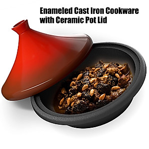 Xgxoz Tagine Cooking Pot Enameled Cast Iron Cooking Pot, 27Cm Large Tajine with Ceramic Cone-Shaped Closed Lid High-Quality Cookware- Double Oven Mitts Included