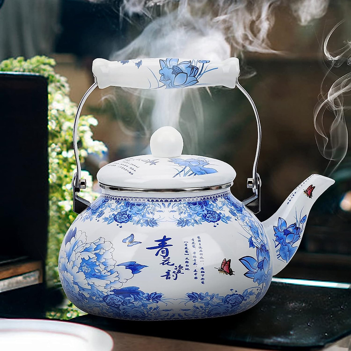 Enameled Teakettle, stove top kettle,Retro Decor Enameled Teakettle,Colorful Hot Water Tea Kettle,Ceramic Teapot Ceramic Enamel Teapot Tea Kettle Blue and White Porcelain Large Enameled Teakettle for