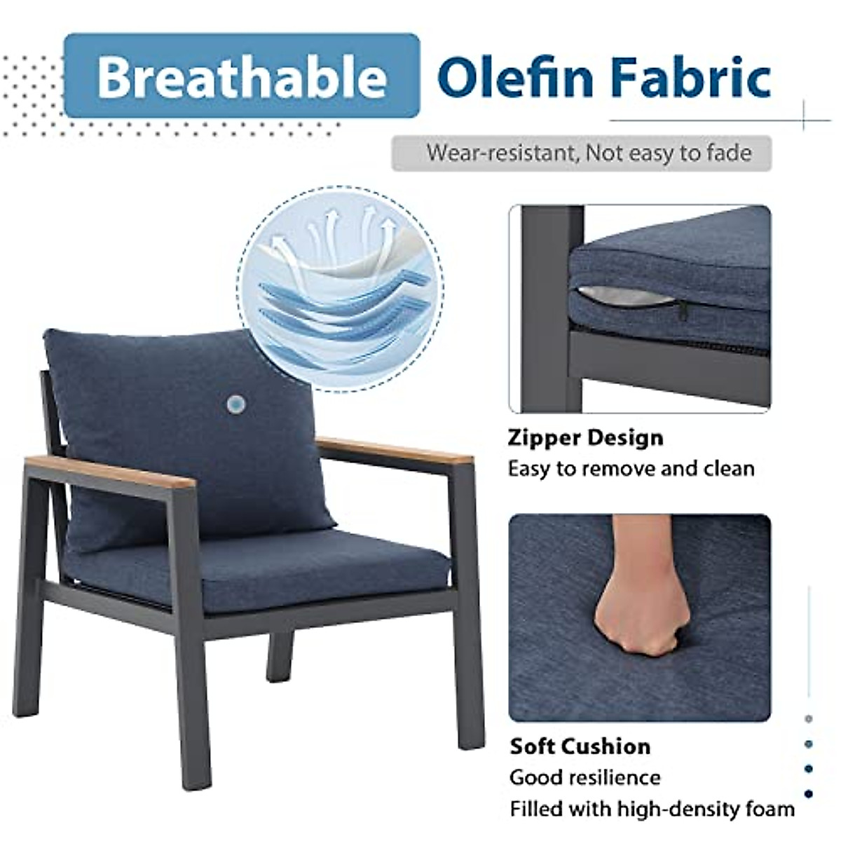 JOIVI Aluminum Patio Furniture Set, 5 Pieces Outdoor Conversation Set with Teak Wood Top Coffee Table, Sectional Sofa Set with Wood Armrest and Cushions for Outside Poolside, Lawn, Backyard, Navy Blue