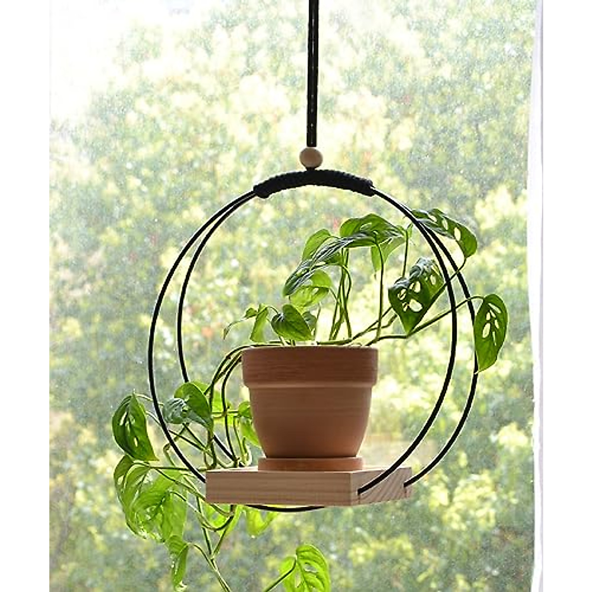 Dravmola Plant Hanger with Wood Base - Boho Macrame Hanging Plant Holder for Indoor Plants Hanging Planter for Wall/Window/Room Decor Black (Pot & Plant Not Included)