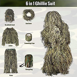 Slendor 6 in 1 Ghillie Suit, 3D Camouflage Hunting Apparel Camo Hunting Clothes, Bushman Costume Including Jacket, Pants, Hood, Carry Bag, Suitable for Kids, Hunters, Paintball
