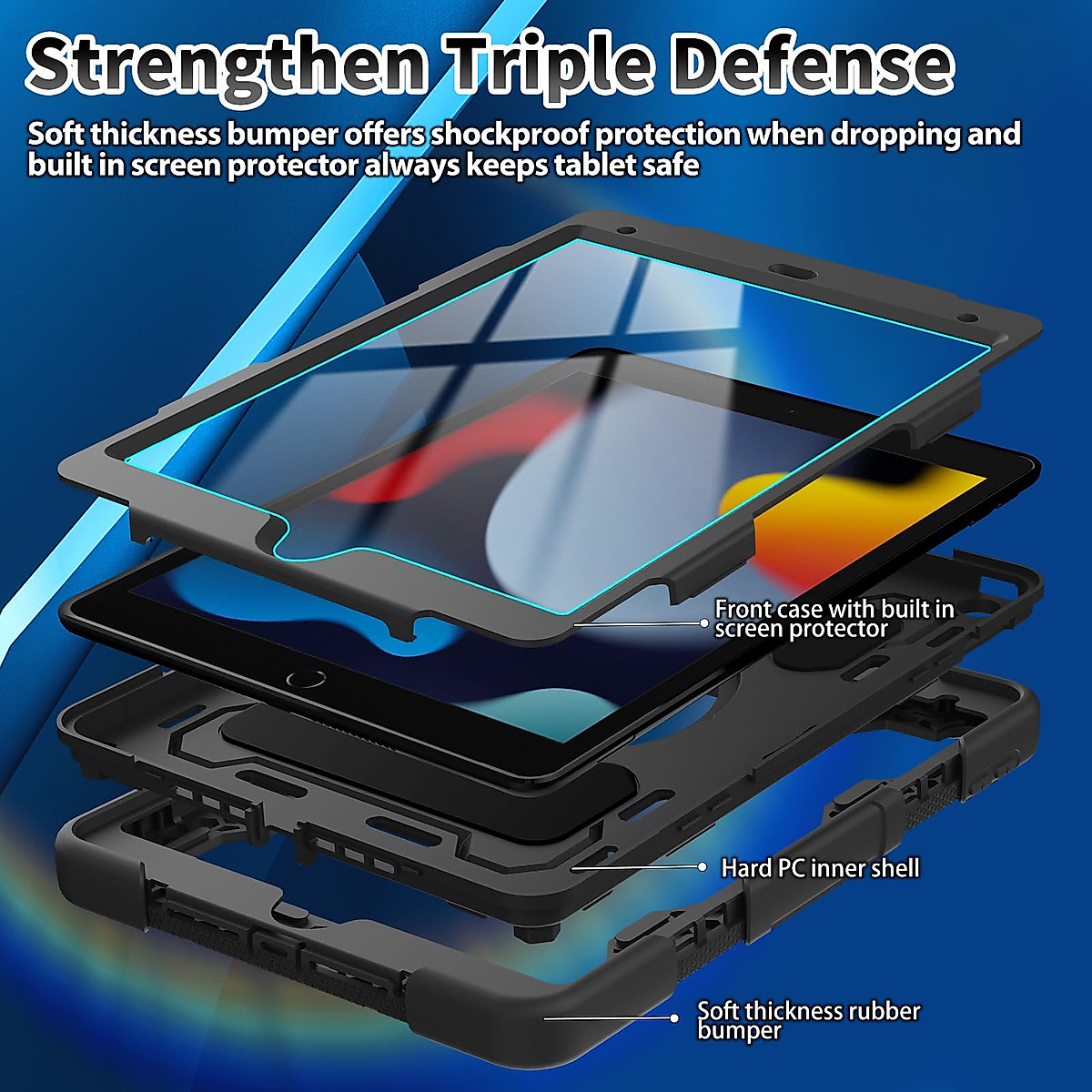 ROSROME for iPad 9th 8th 7th Generation Case 10.2 inch iPad Case with Screen Protector, 360 Stand, Hand Strap, Shoulder Strap[Kids Friendly 15ft Drop Protection]3-layer Rugged Full-Body 10.2 iPad Case