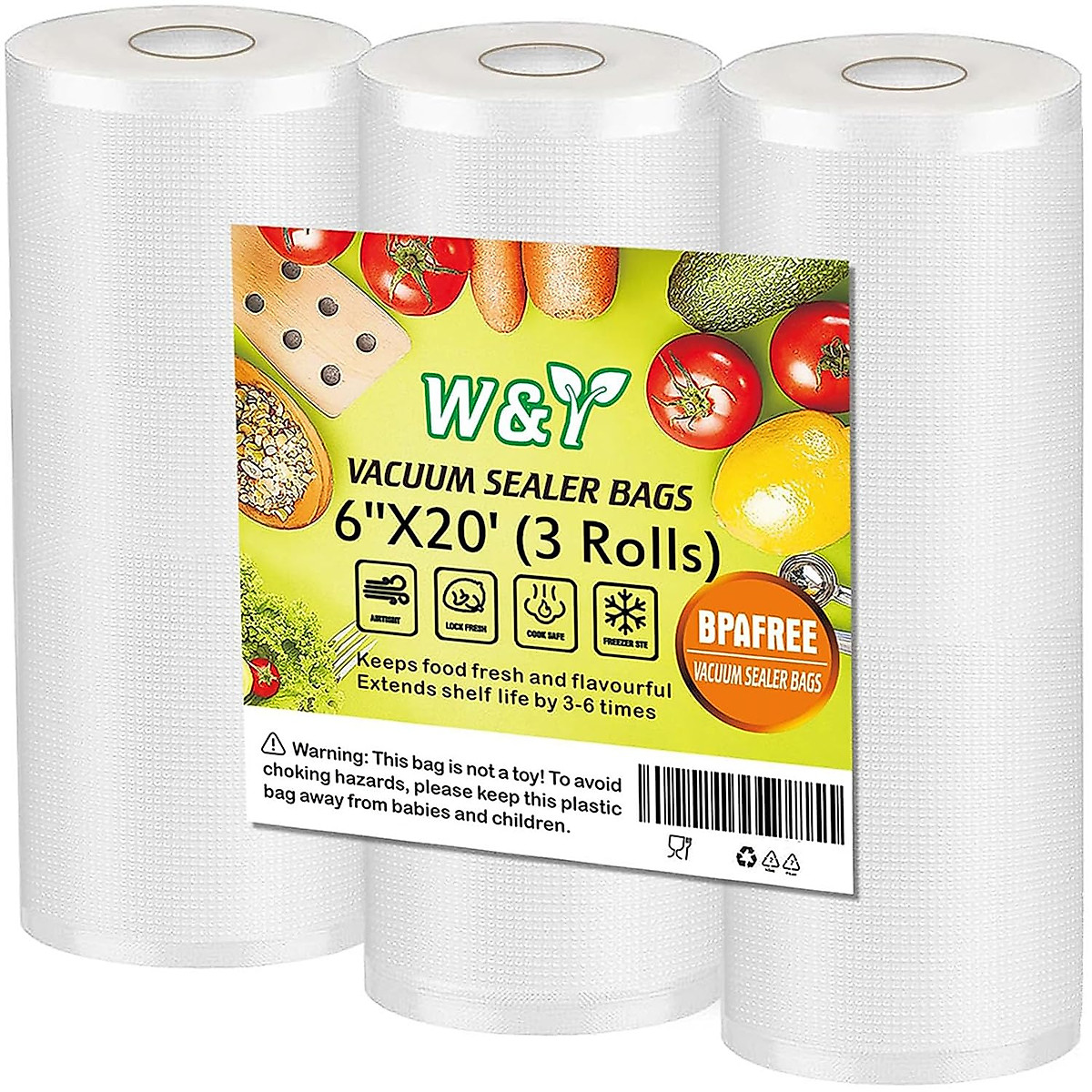 Vacuum Sealer Bags - 6" x 20' (3 Rolls), Reusable & Sous Vide, Commercial Grade, Embossed Texture, BPA-Free, Food Saver Vacuum Sealer Bags Rolls for Packing, Freezer & Cooking Storage