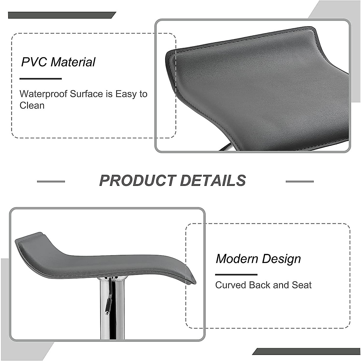 VECELO Bar Stools Set of 2, Swivel Bar Chairs, Counter Bar Stools with Height-Adjustable, Modern Armless PVC Stools for Kitchen/Island/Bar/Dining Room/Party, Dark Grey