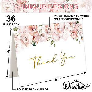 Whaline 36 Packs Floral Gold Foil Thank You Cards Watercolor Pink Flower Greeting Cards Blank Note Cards with Envelopes and Stickers for Wedding Baby Shower Bridal Shower Party, 4 x 6 Inch
