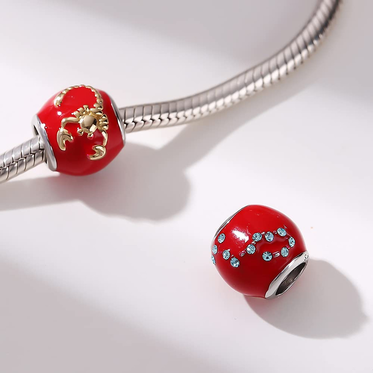 Birthday Zodiac Sign Charms Original 925 Sterling Silver Enamel Charms with Clear Cz for Bracelet (Red Scorpio)
